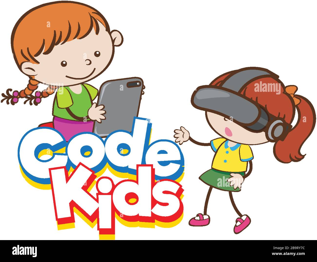 Font design for word code kids with girls and computer illustration ...