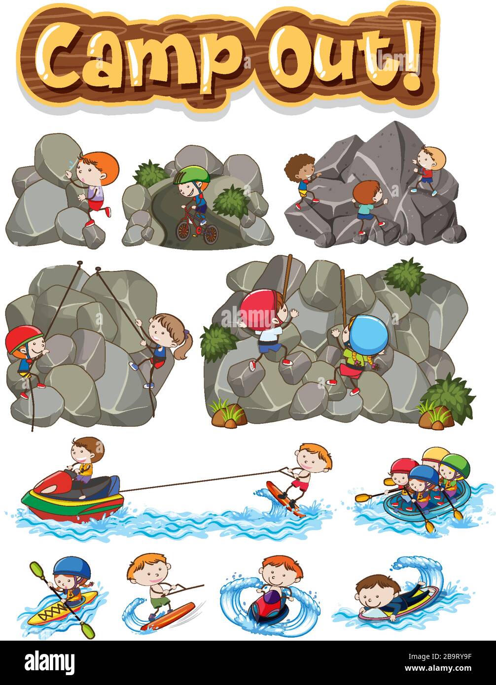 Font design for word camp out with kids doing different activities ...