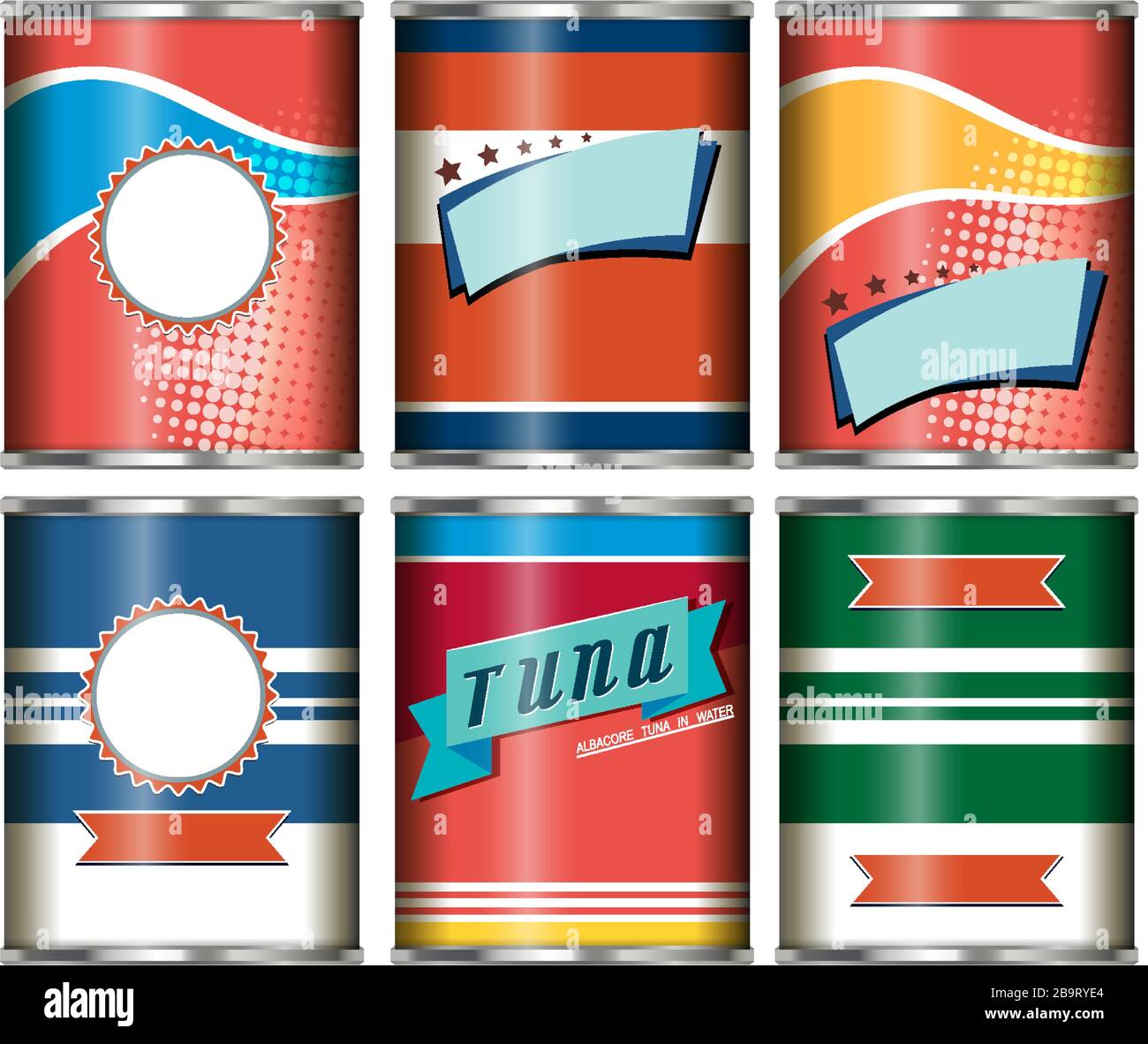 Set of aluminium cans with label design on white background ...