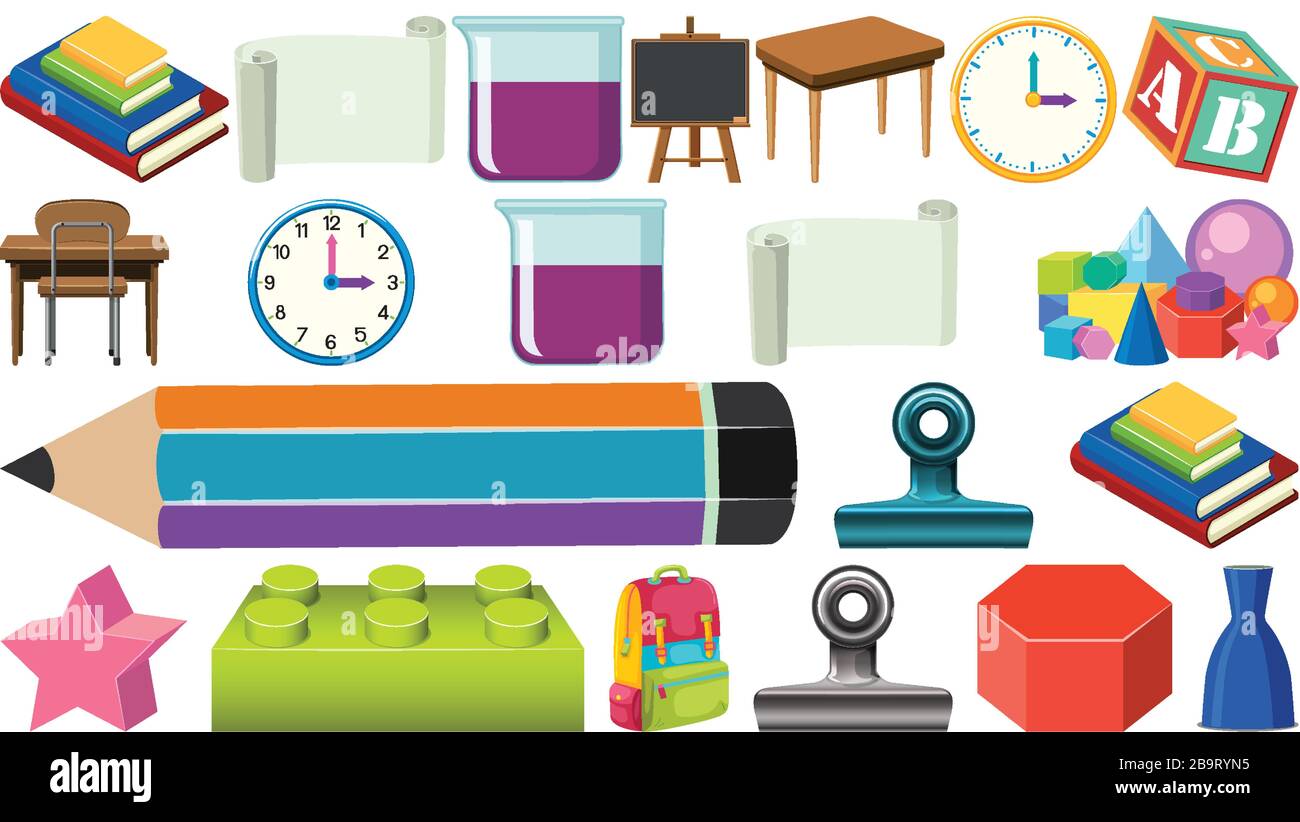 Big set of office and school supplies on white background illustration ...