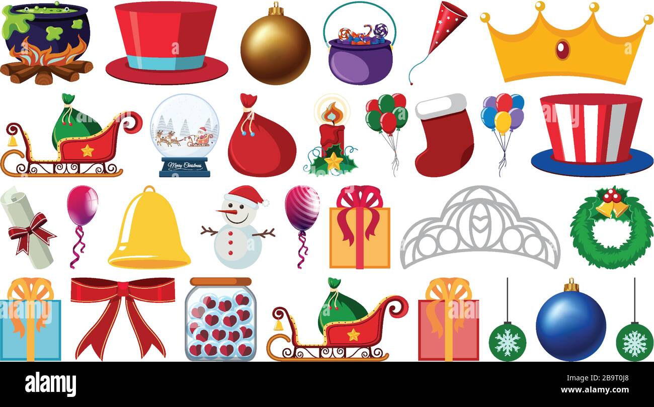 Set of party ornaments and other decorations on white background ...