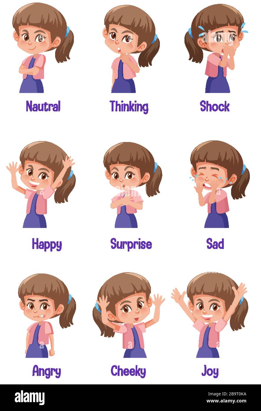 Set of girl with different expressions on her face illustration Stock ...