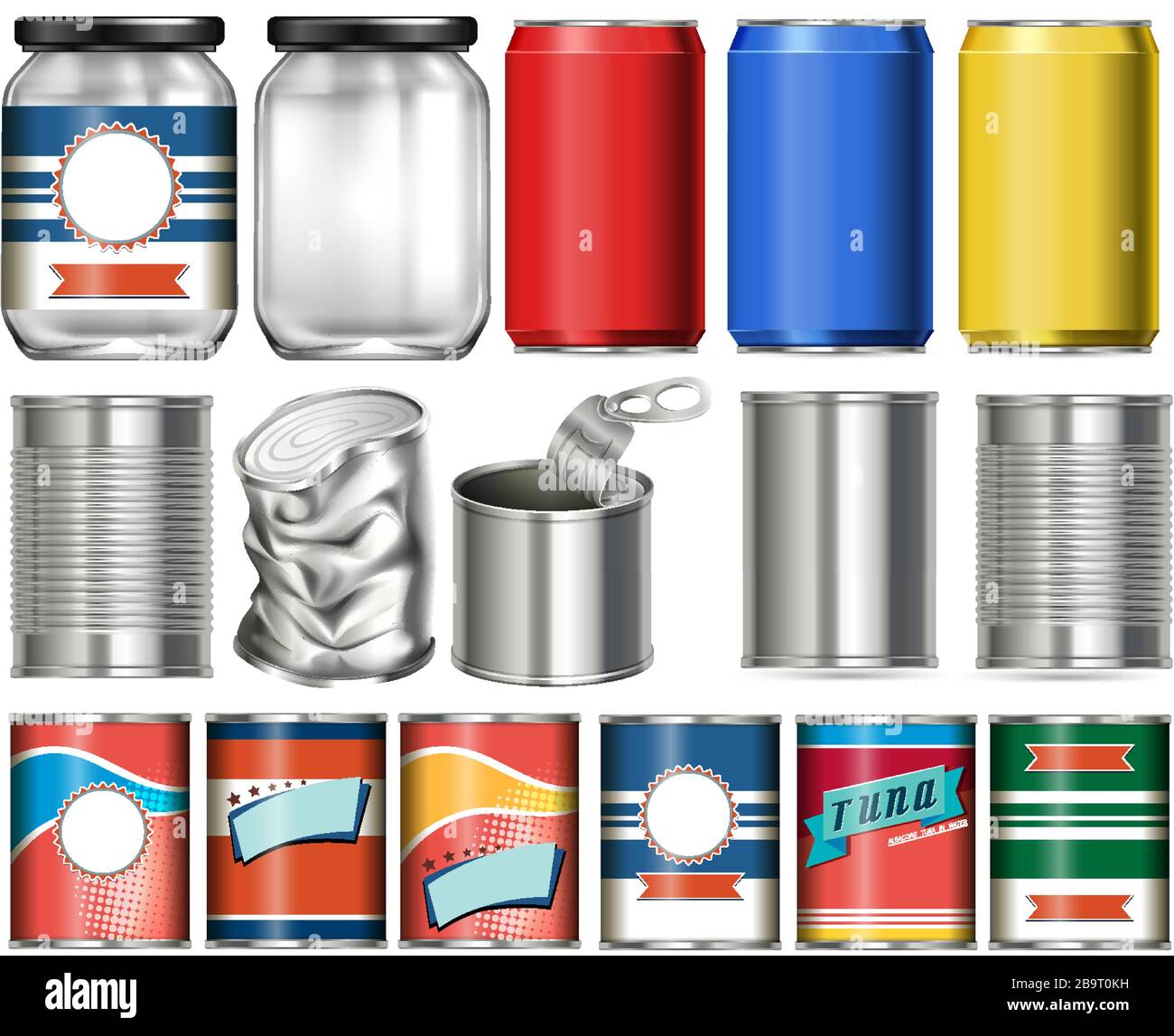 Set of aluminium cans with label design on white background ...