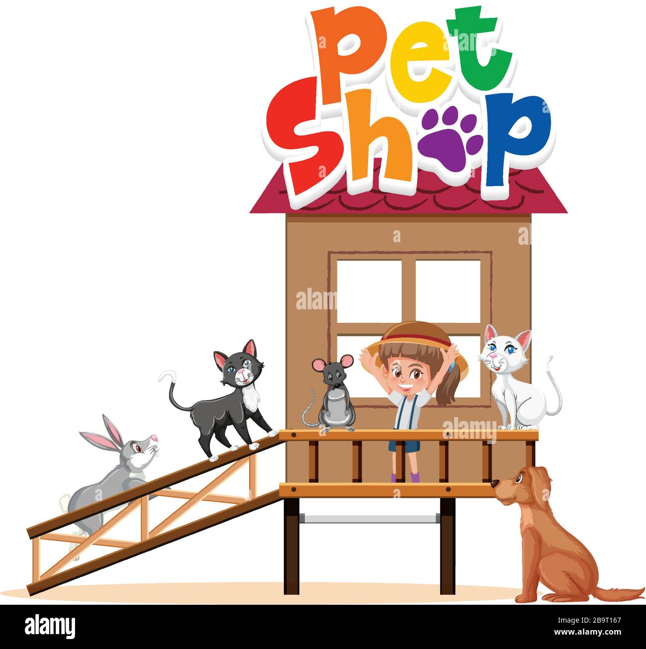 Pet shop sign with girl and many cute animals illustration Stock Vector ...