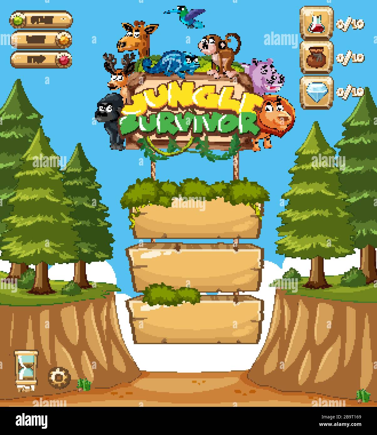 Game template design with trees in forest background illustration Stock ...
