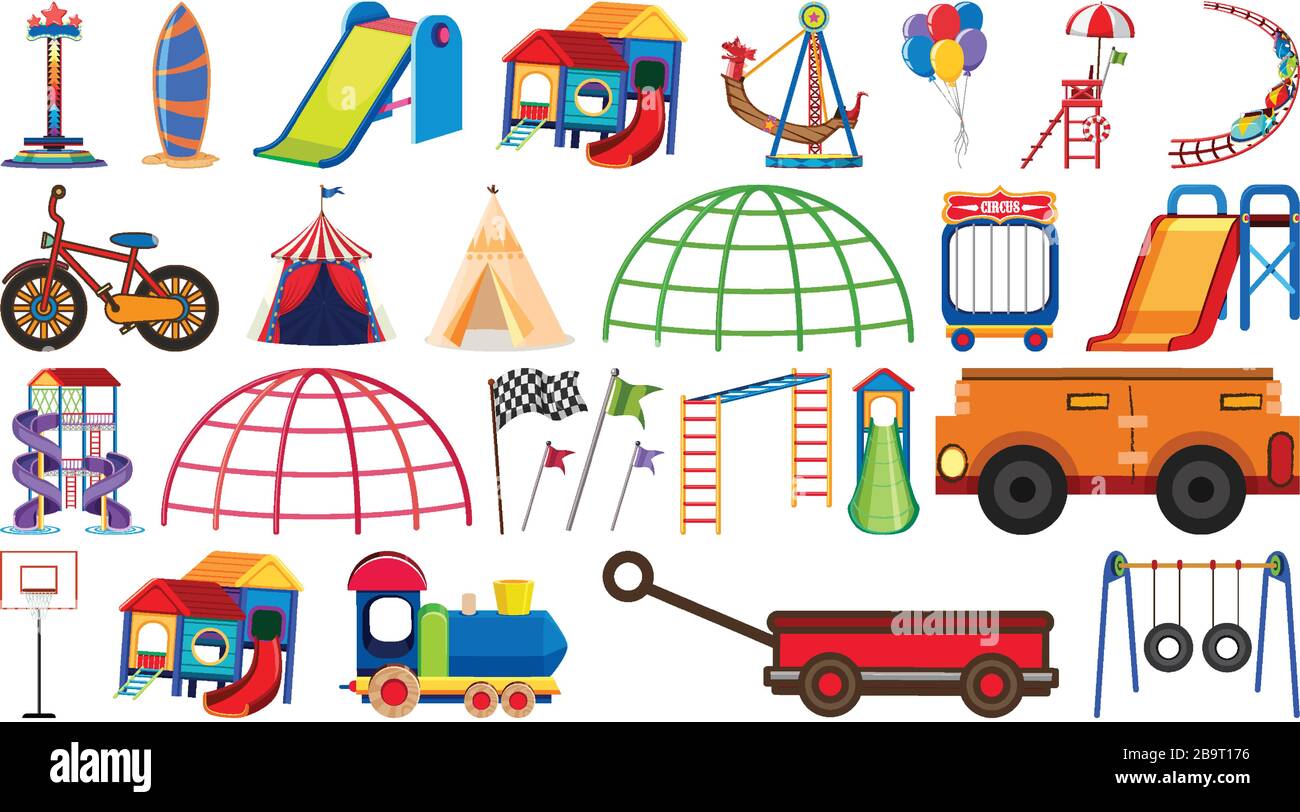 Big set of different play stations and transportations on white ...