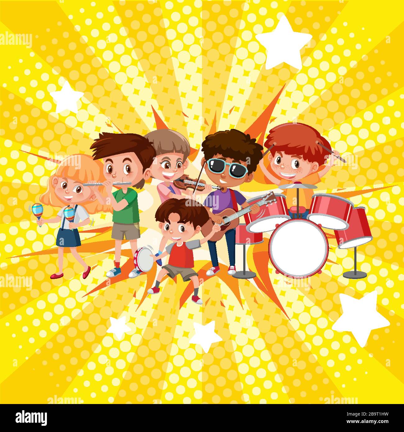 Happy children playing different instruments in the band illustration ...
