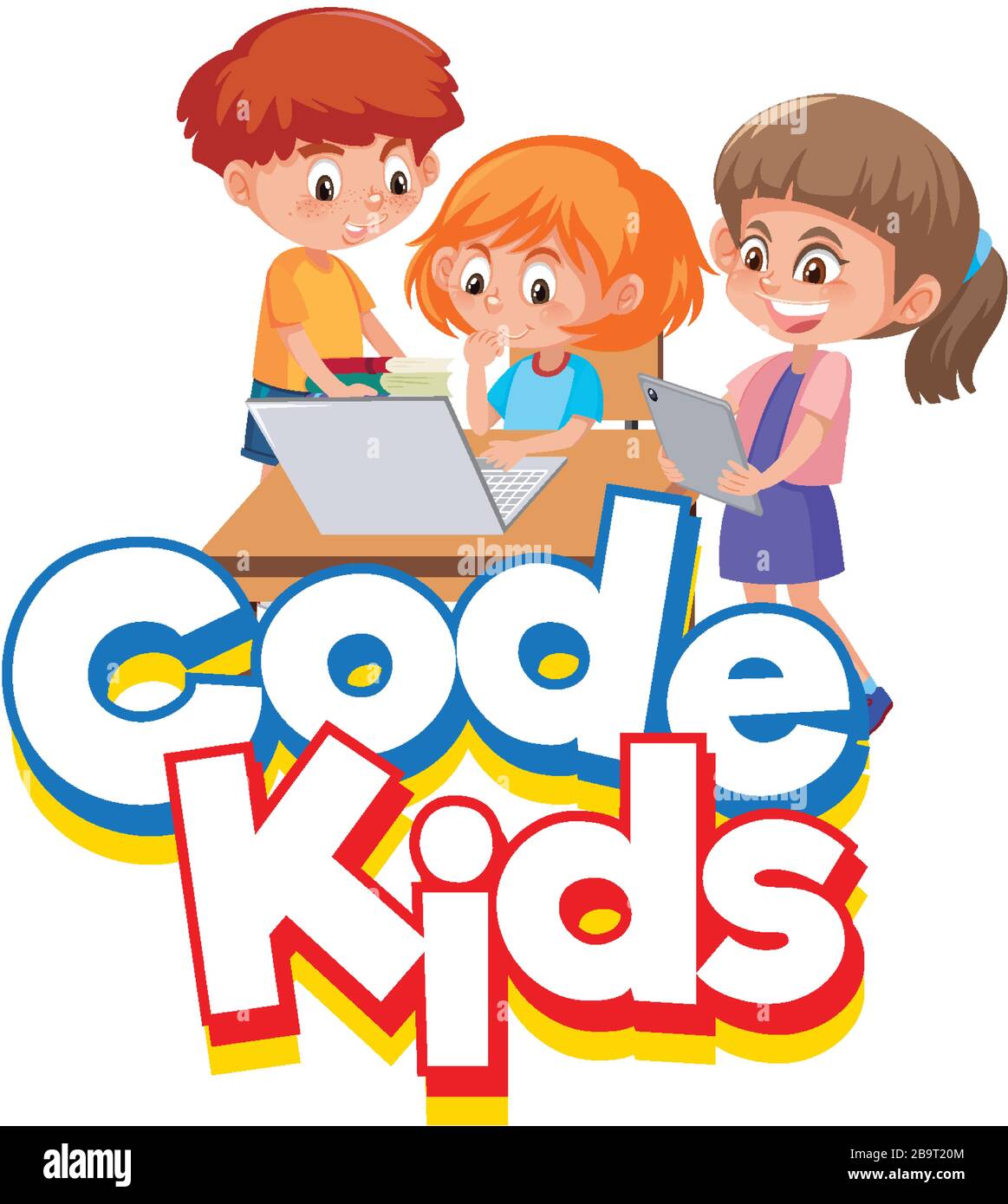 Font design for word code kids with children working on computer ...
