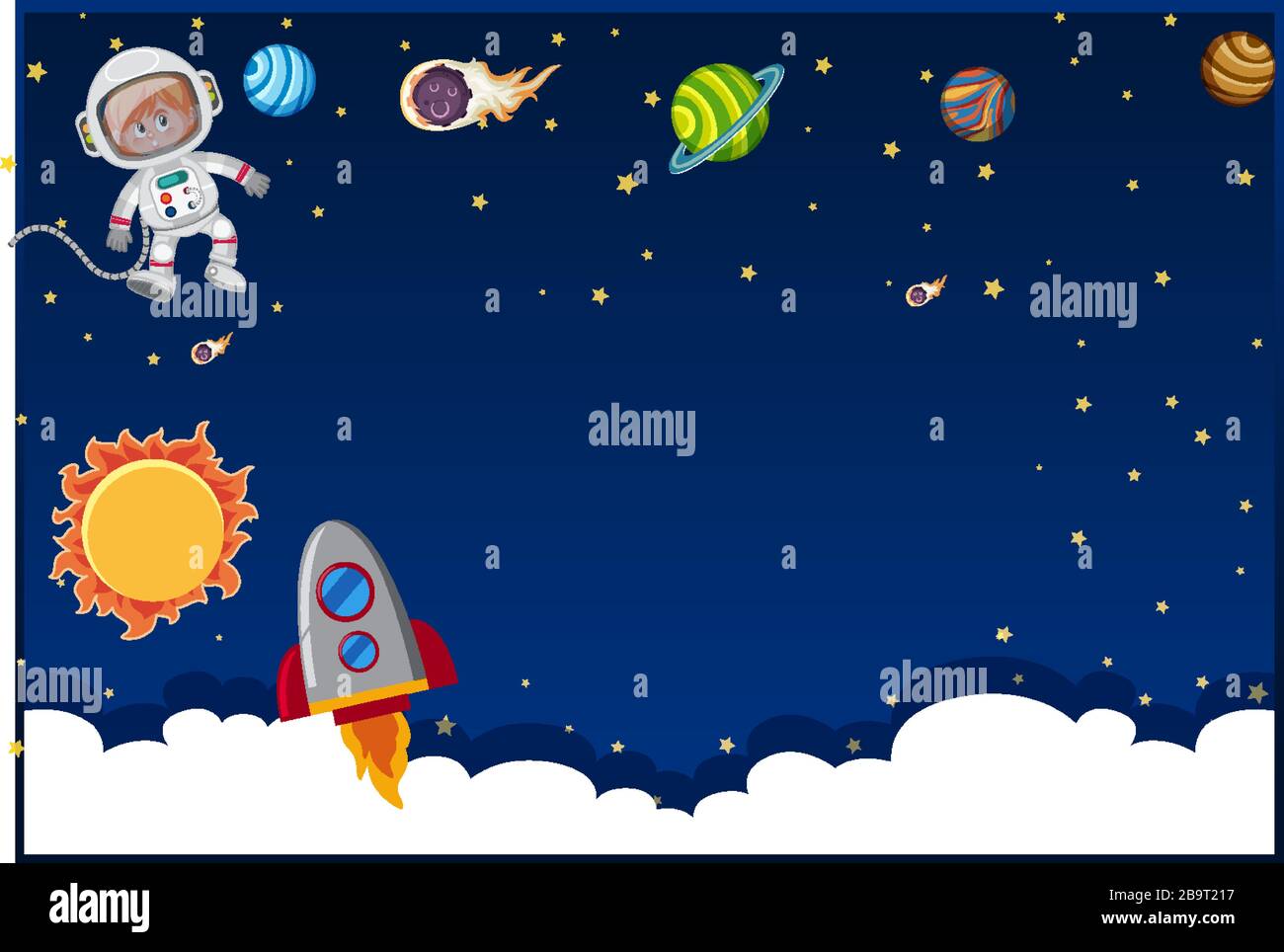 Background design template with many planet sin space illustration ...