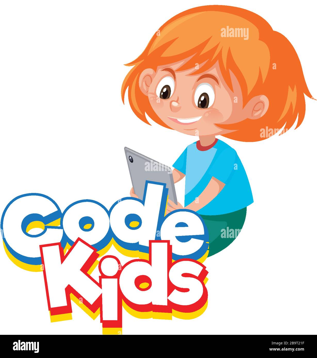 Font design for word code kids with girl working on computer ...