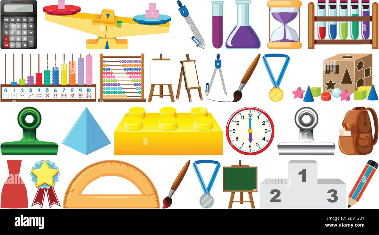 Big set of different school items on white background illustration ...