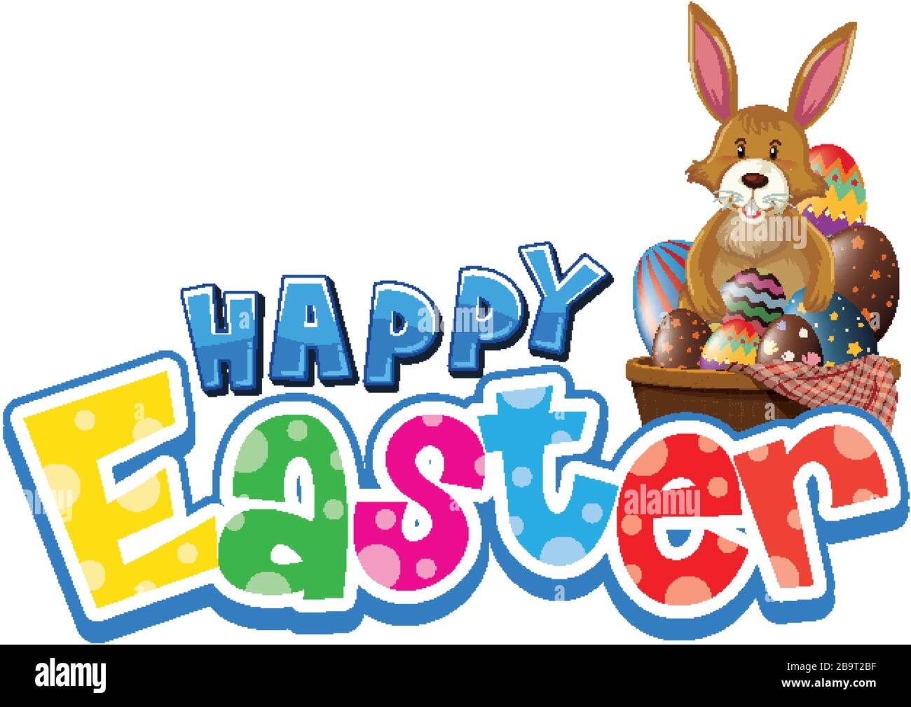 Happy Easter font design with easter bunny and eggs illustration Stock ...