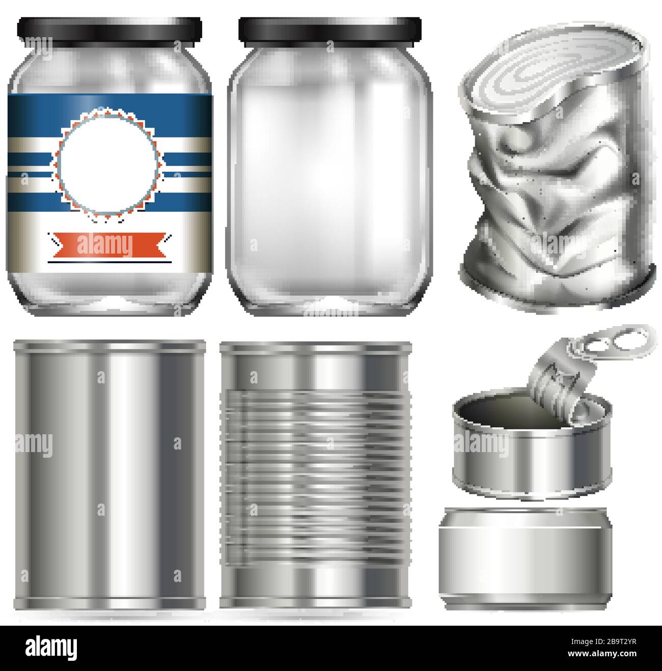 Set of different containers made of glass and aluminium illustration ...