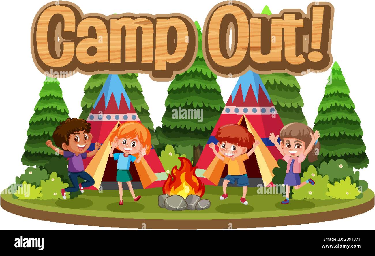 Font design for word camp out with happy kids in forest illustration ...