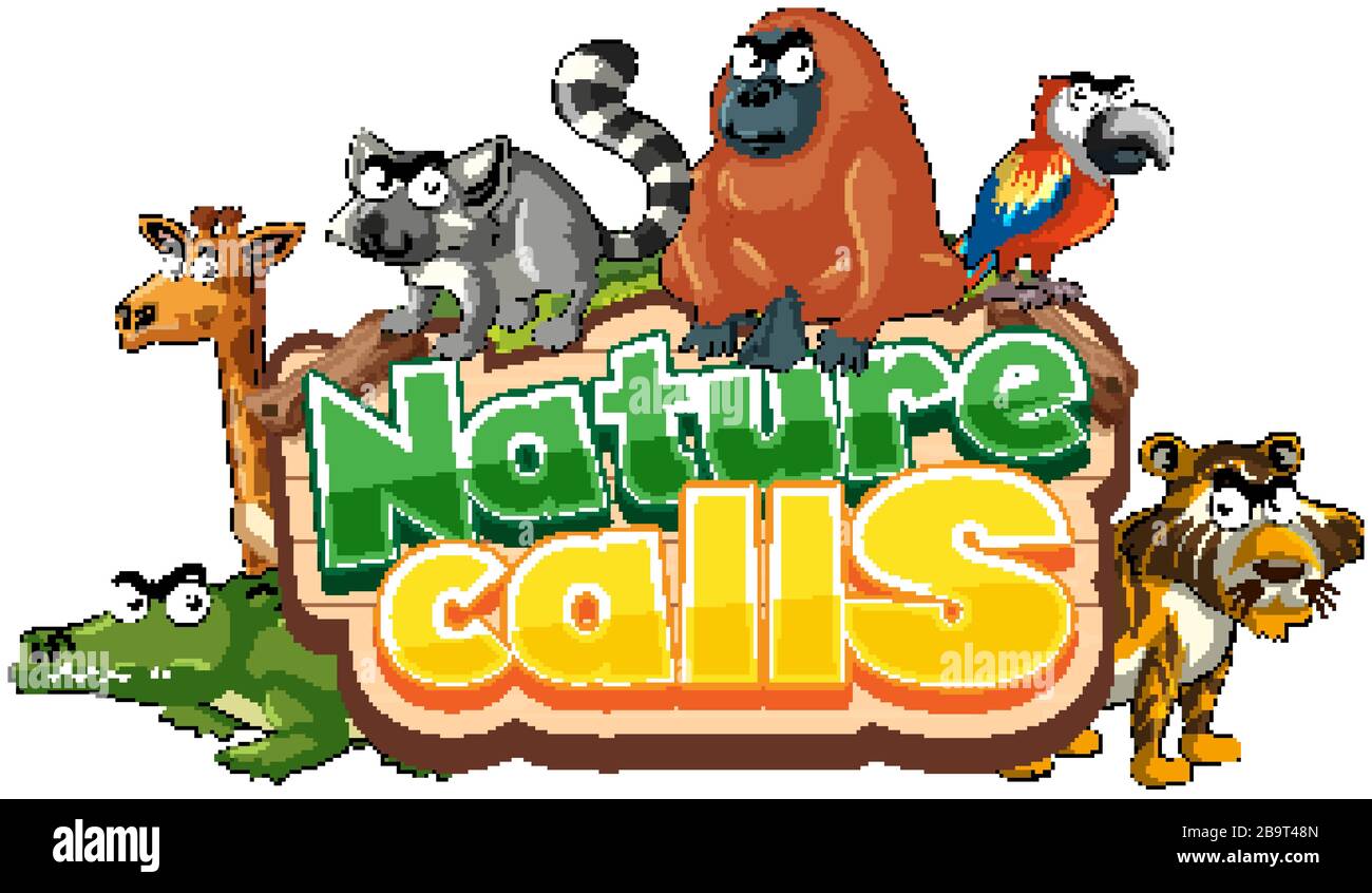 Font design for word nature calls with wild animals on white background ...