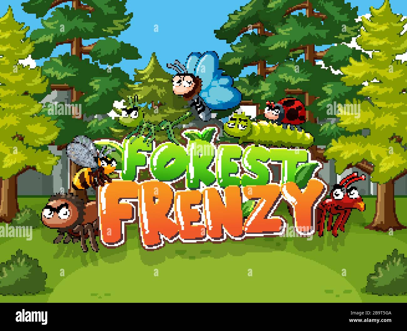 Forest scene with word forest frenzy with wild animals in background ...