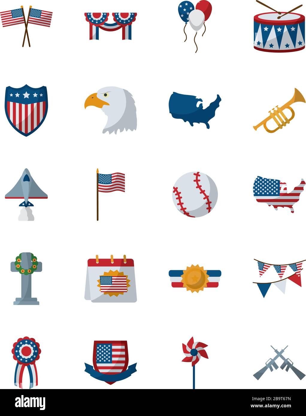 flat style icon set design, Memorial day holiday patriotic freedom ...