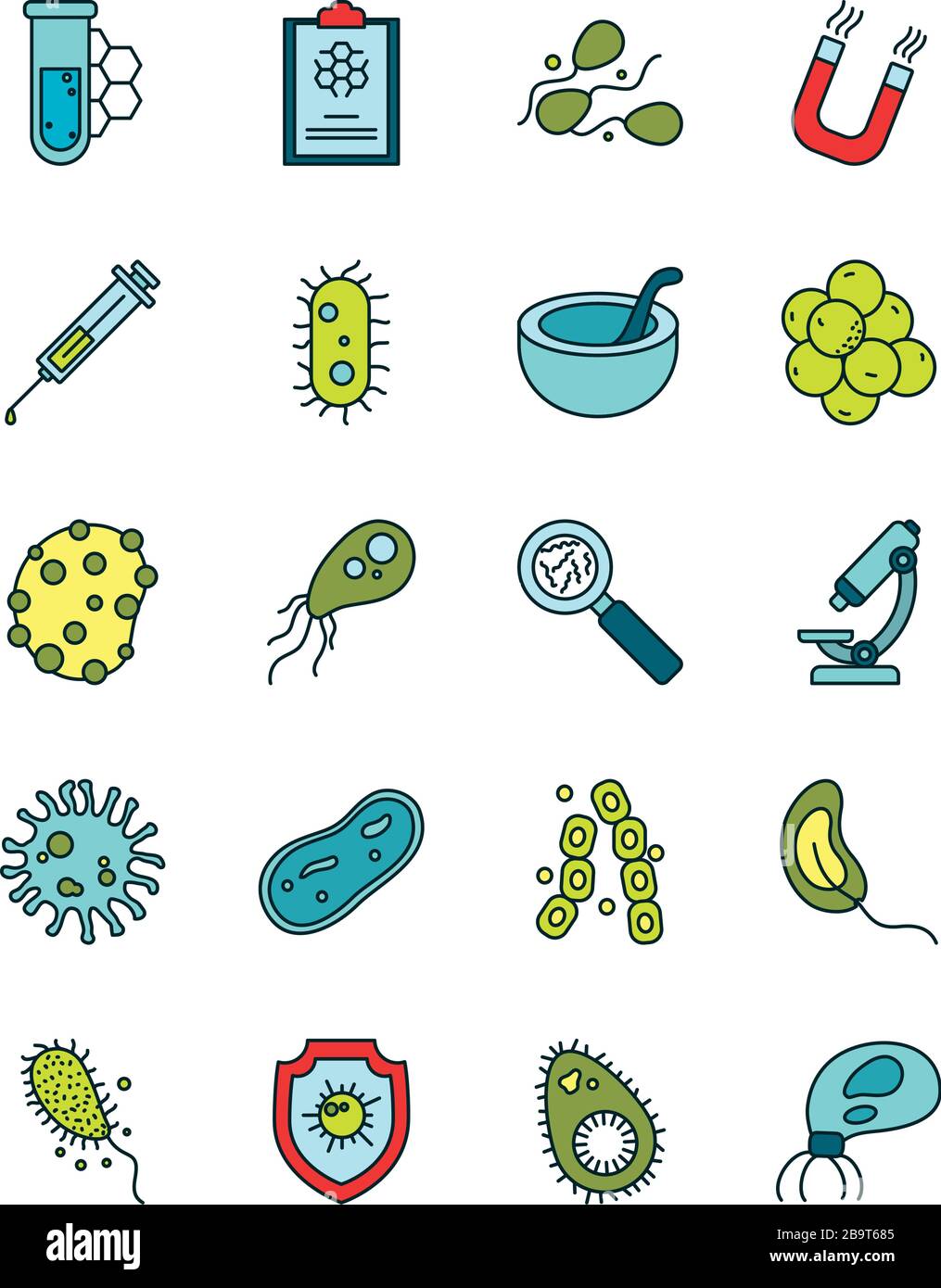 Virus line and fill style icon set design, Bacterium organism molecule ...