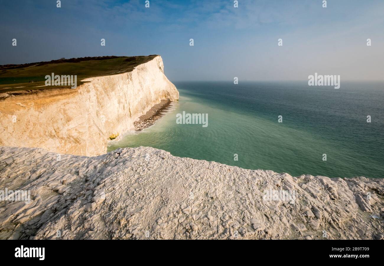 Chalk cliffs, South Downs, East Sussex, England. Looking out into the ...