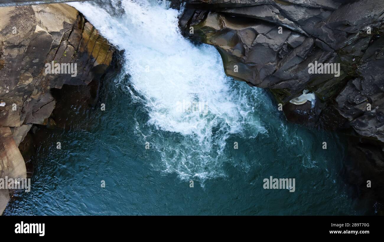 Waterfall top down view. Top view of the stream, water flows over the ...