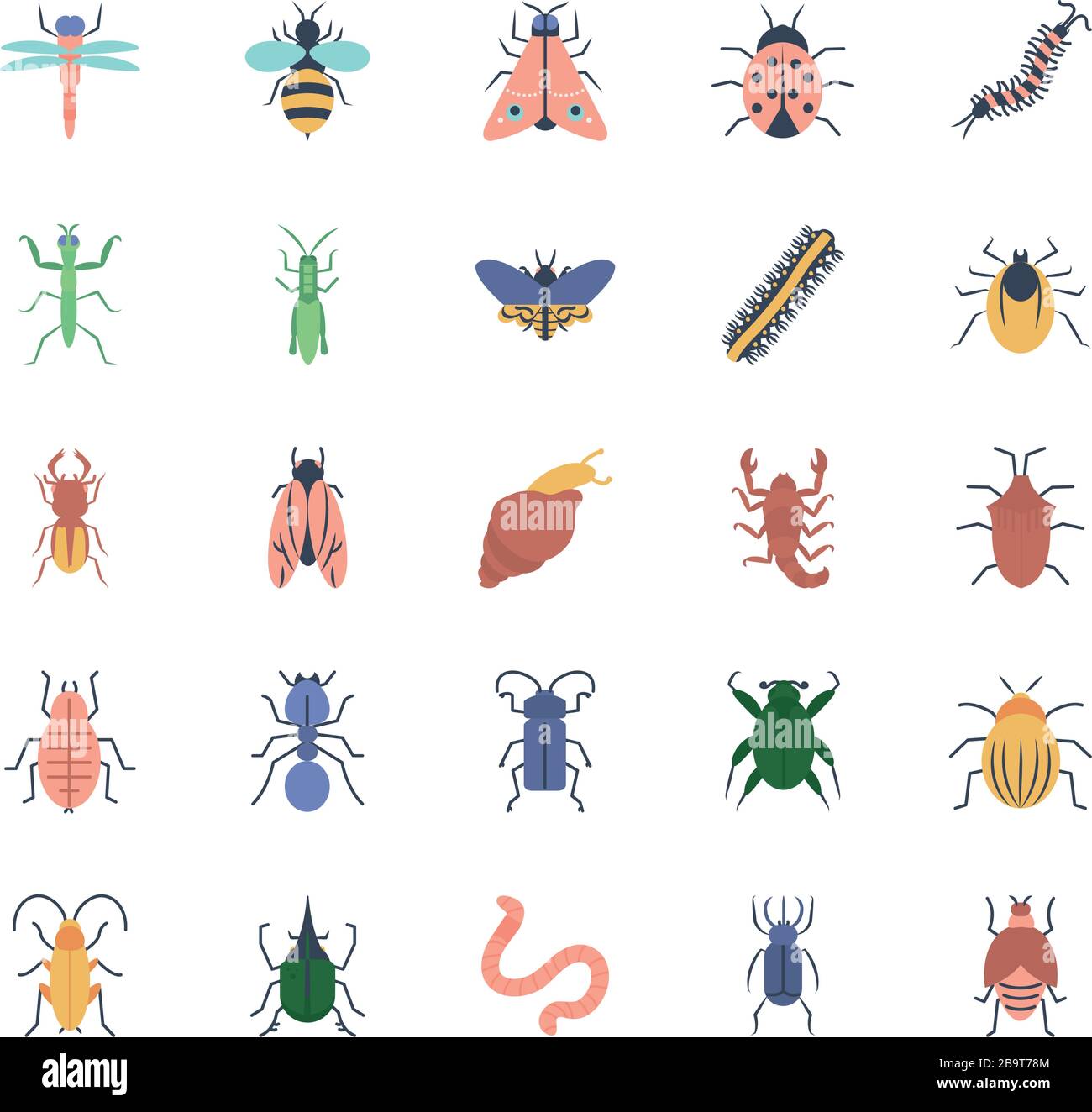 beetles and insects icon set over white background, flat style, vector ...