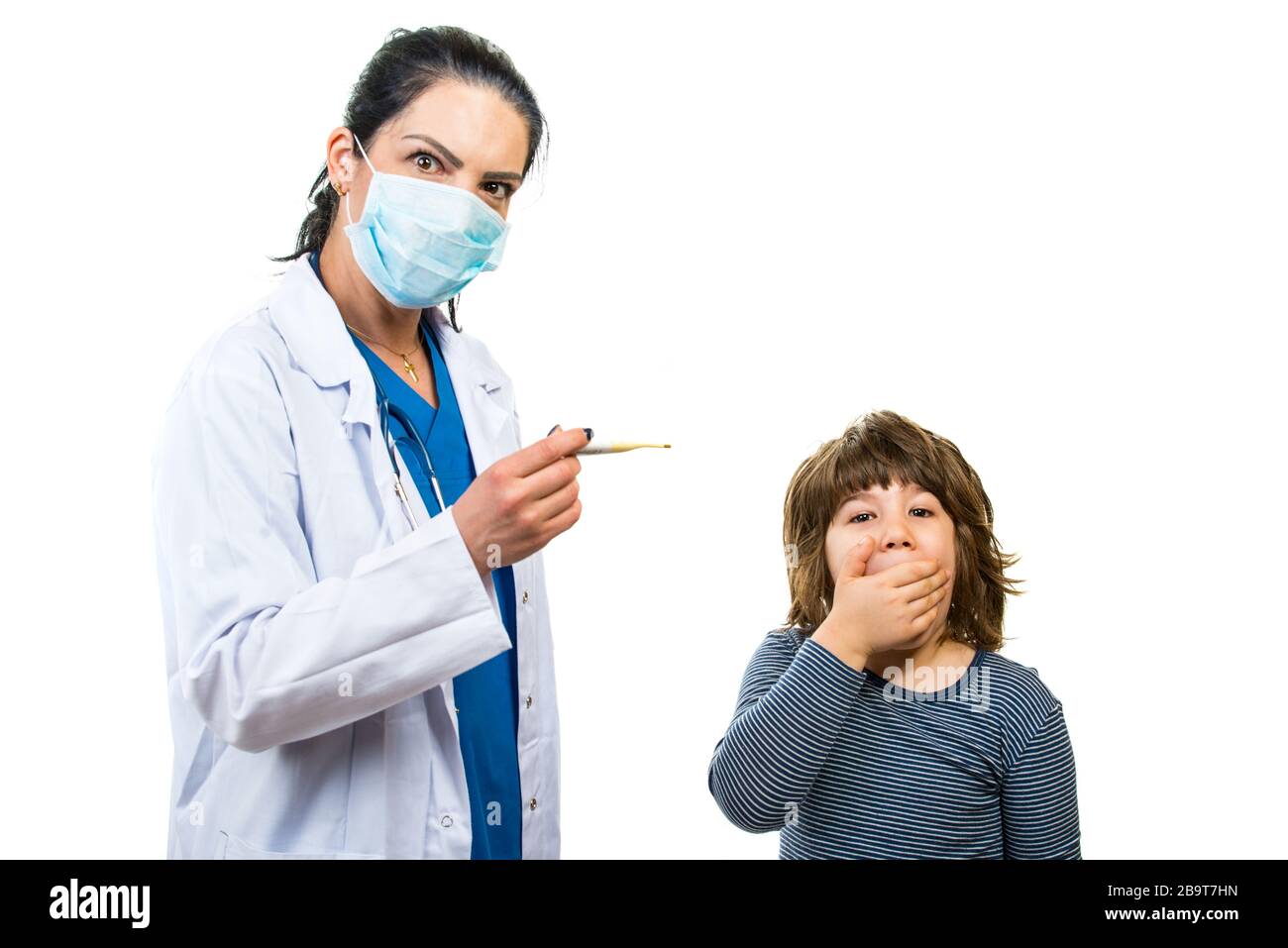 Amazed doctor and kid boy about body temperature isolated on white ...