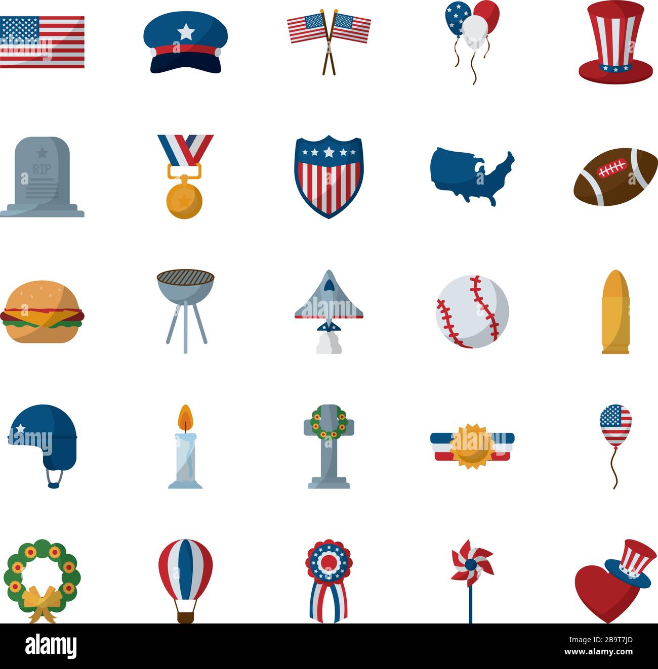 flat style icon set design, Memorial day holiday patriotic freedom ...