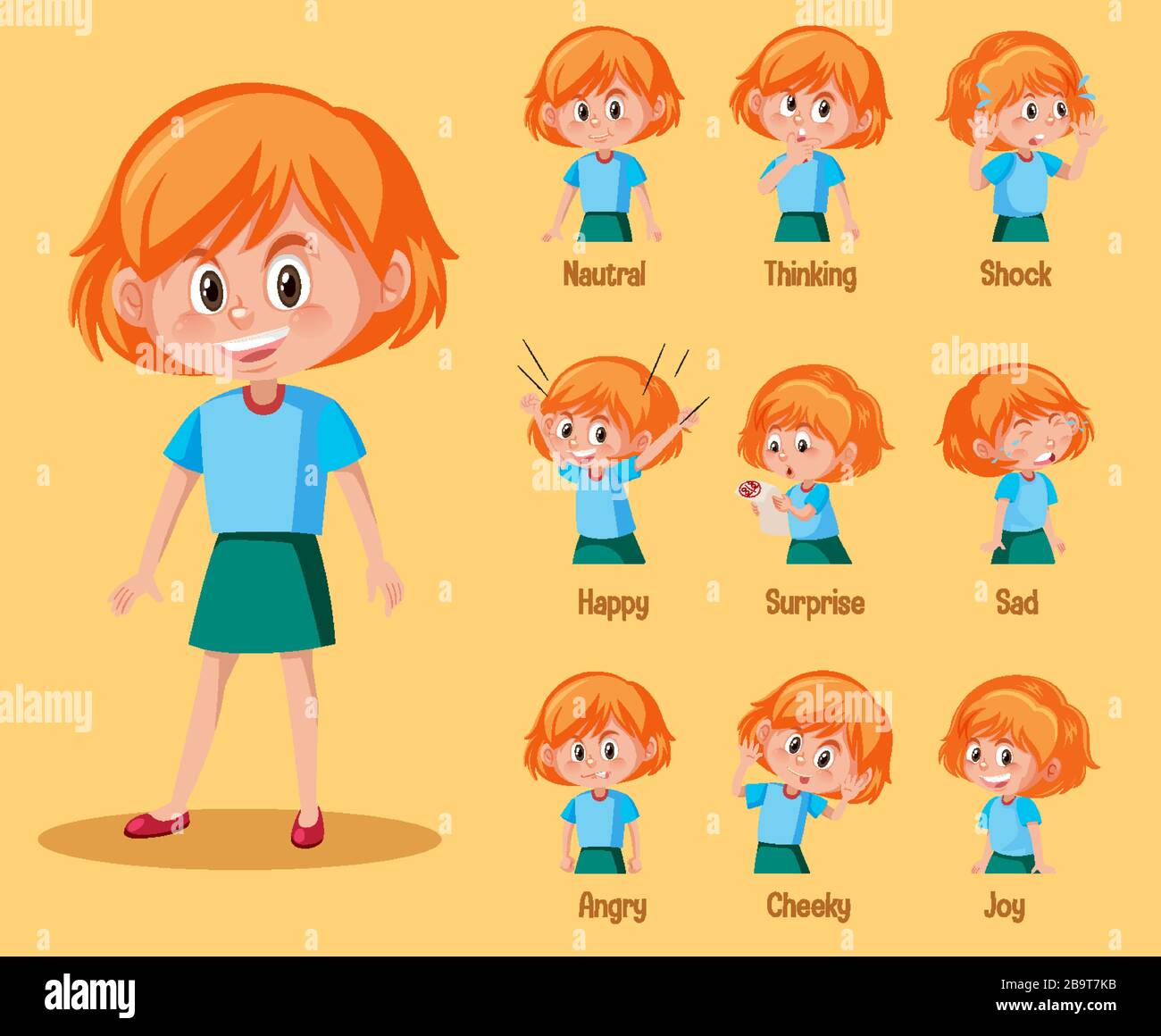 Set of cute girl with different expressions on her face illustration ...