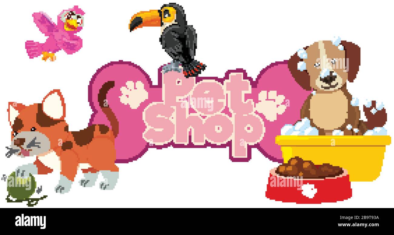 Font design for pet shop with many cute animals illustration Stock ...