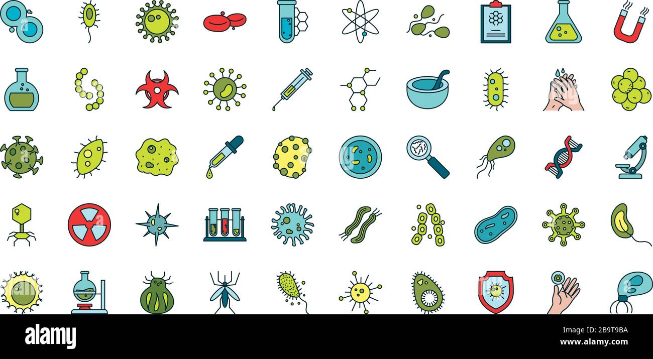 Virus line and fill style icon set design, Bacterium organism molecule ...