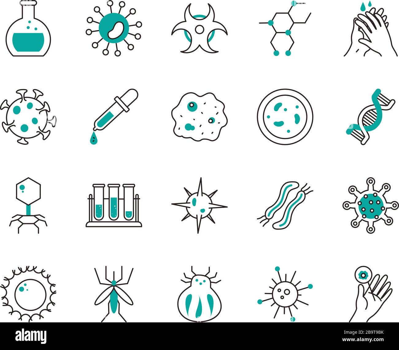 Virus half line half color style icon set design, Bacterium organism ...