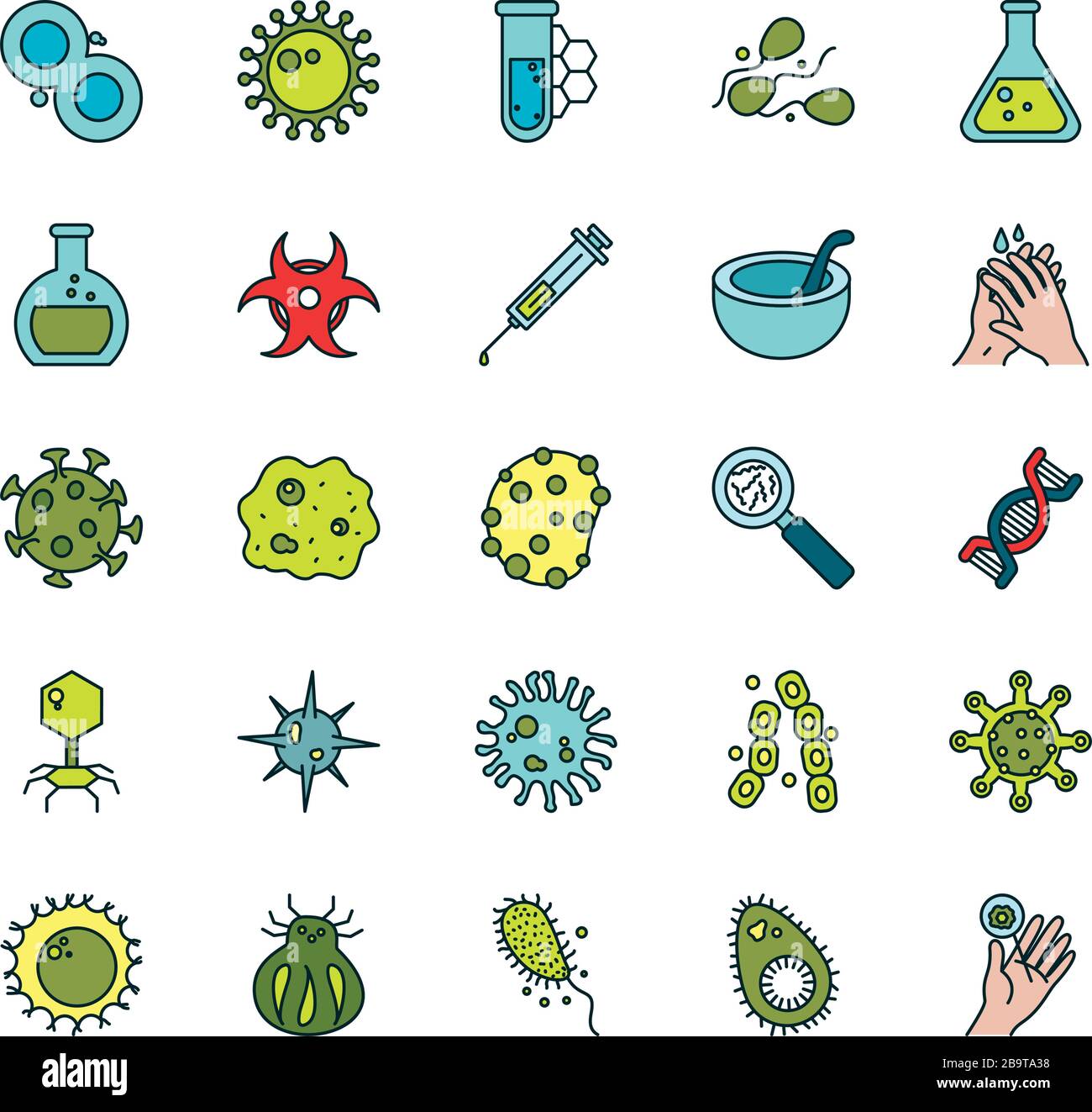 Virus line and fill style icon set design, Bacterium organism molecule ...