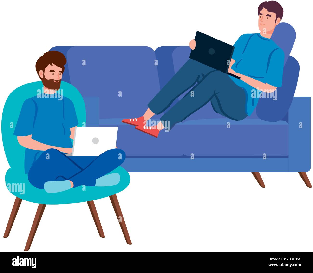 men working in telecommuting with laptop in couch and chair Stock ...