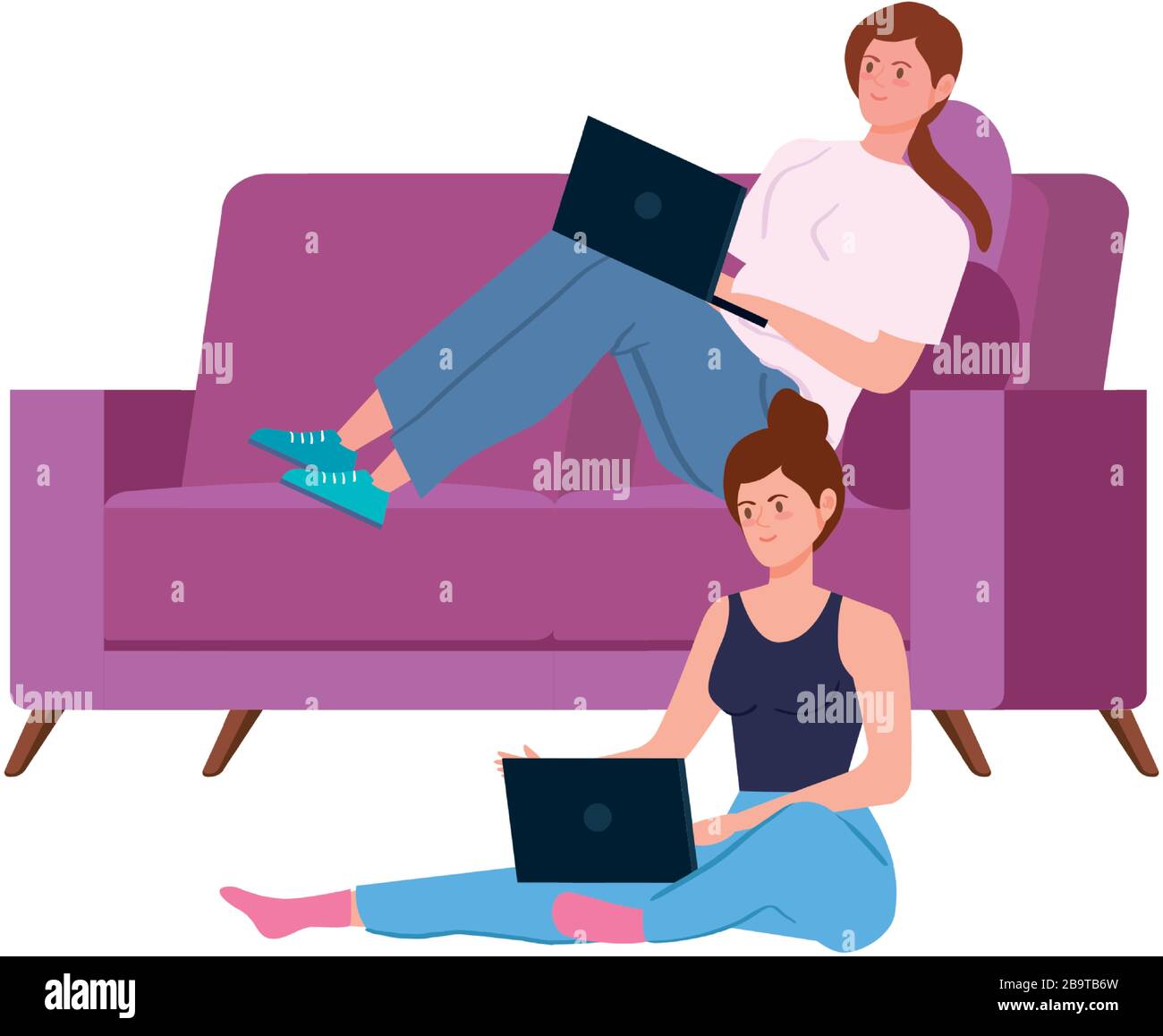women working in telecommuting with laptop in couch Stock Vector Image ...