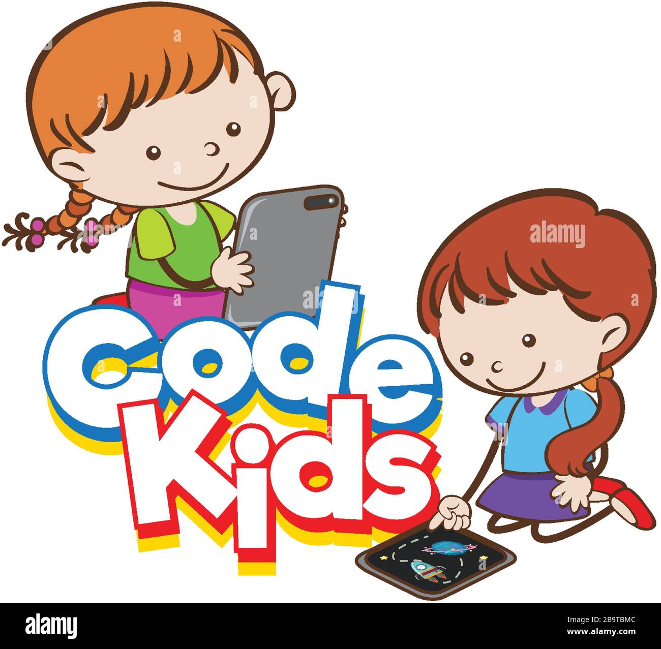 Font design for word code kids with two girls using computer ...