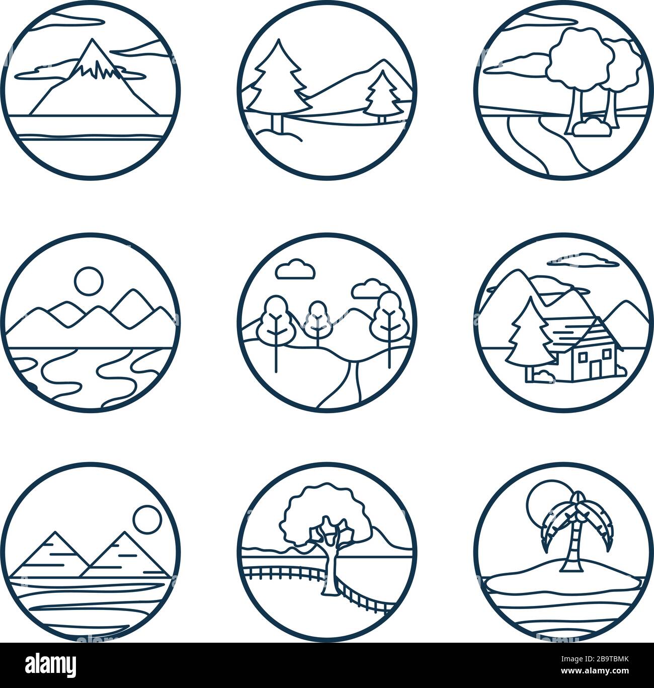 Landscapes line style icon set design, nature earth eco ecology ...