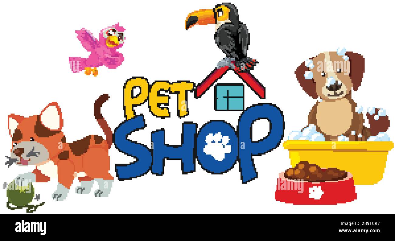 Font design for pet shop with many cute animals illustration Stock ...