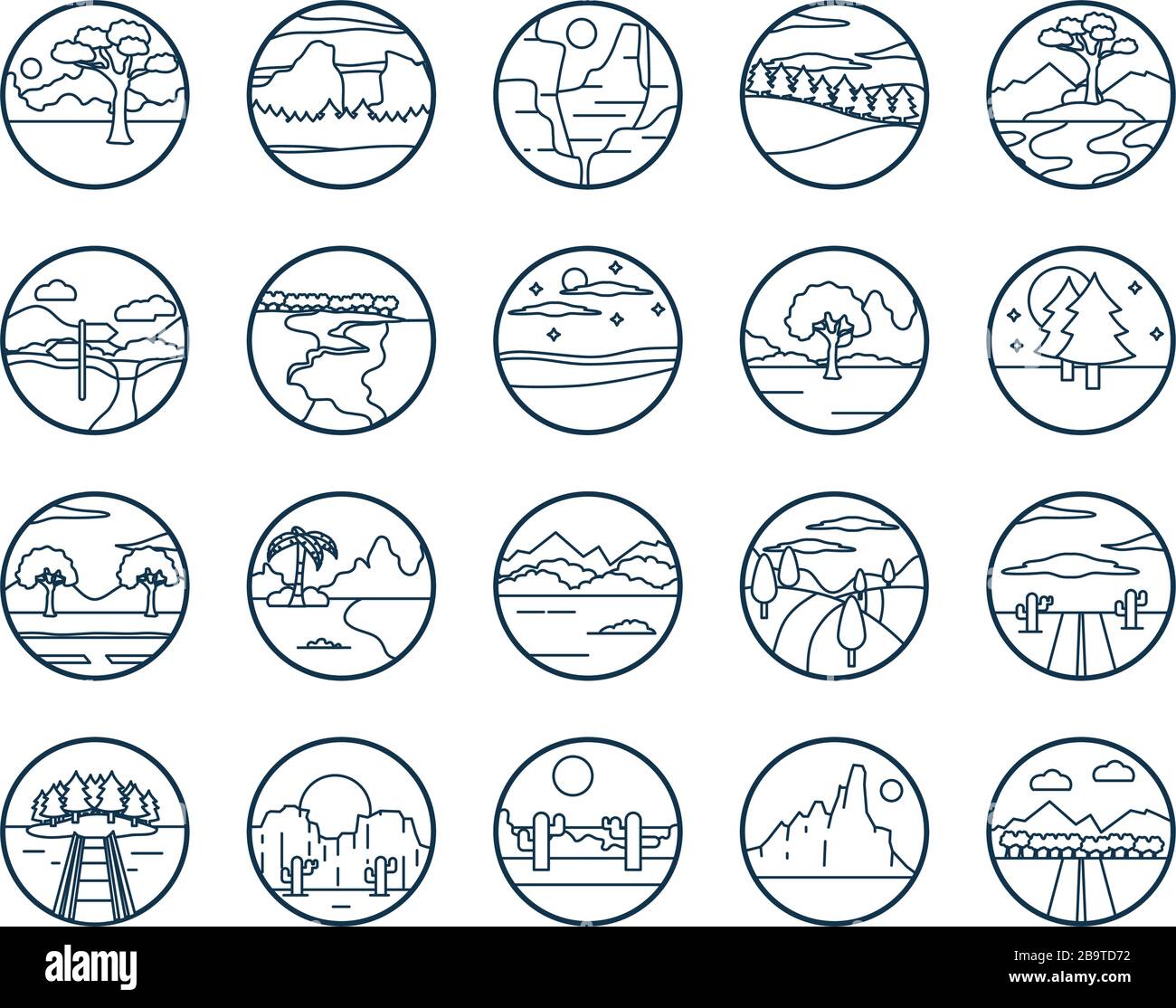 Landscapes line style icon set design, nature earth eco ecology ...