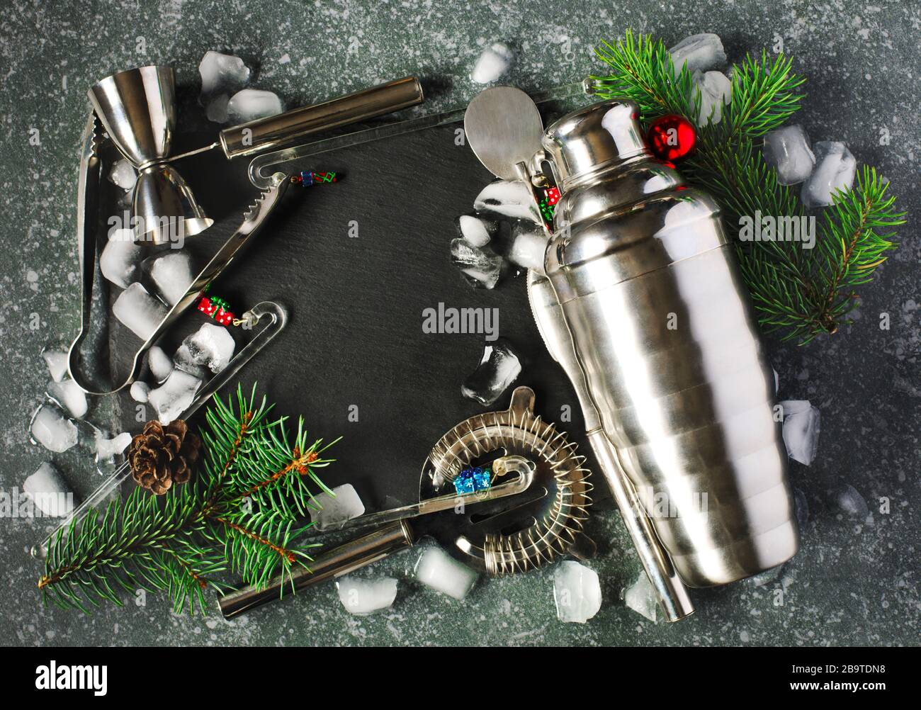 Set of bar tools and ingredients for making a cocktails arranged on a ...