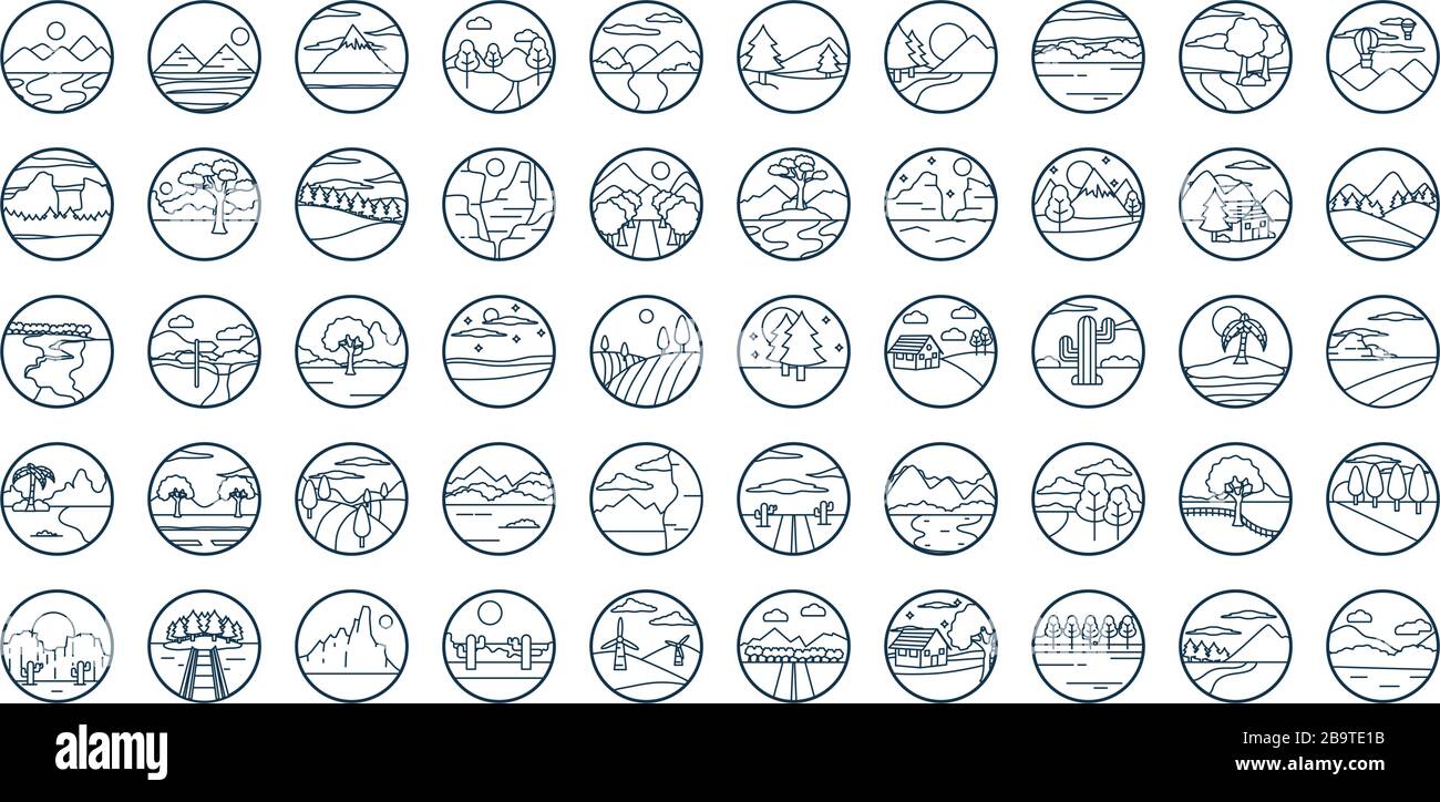 Landscapes line style icon set design, nature earth eco ecology ...