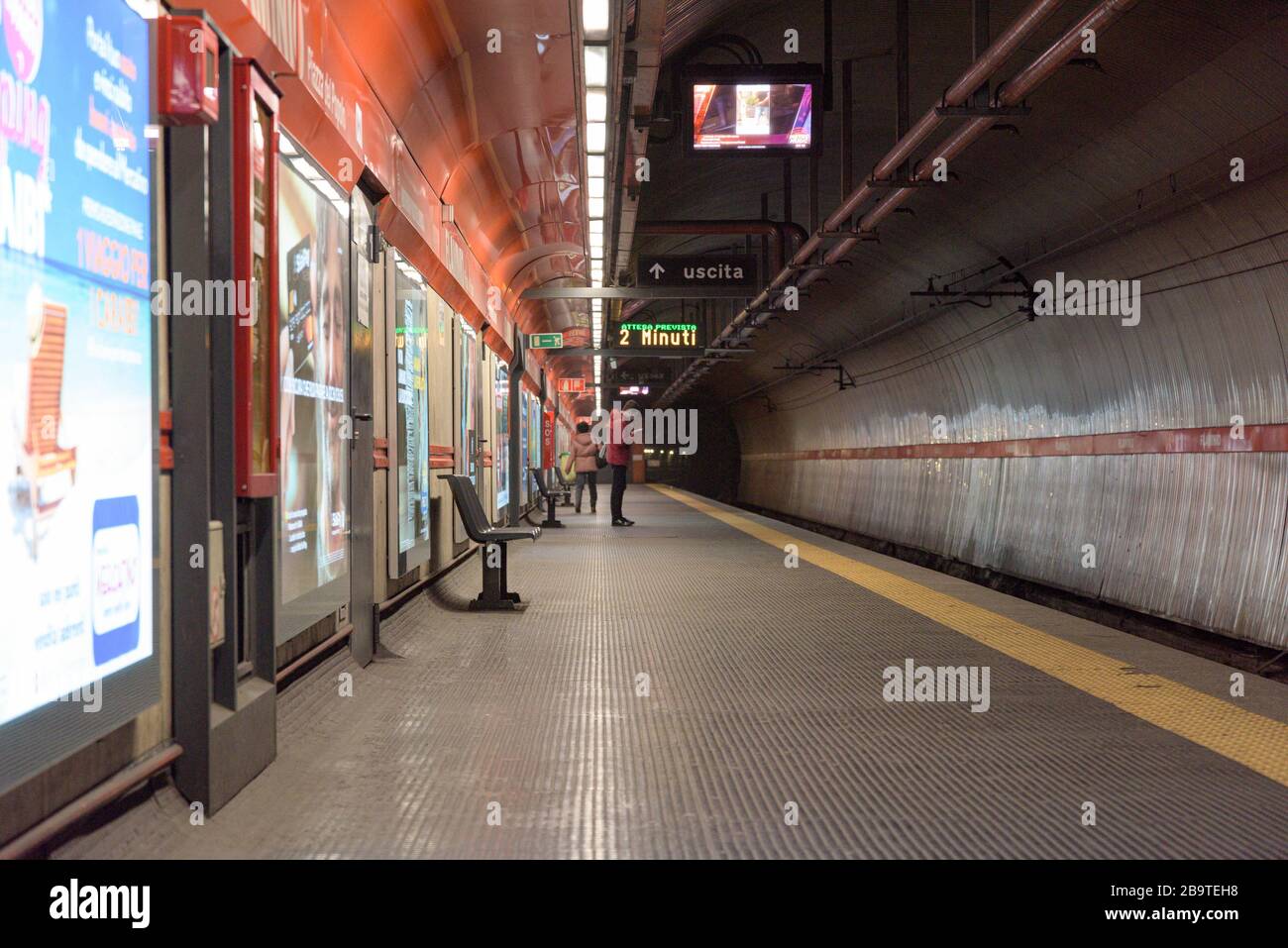 ROME, ITALY - 12 March 2020: The metro galleries of Flaminio stop look ...