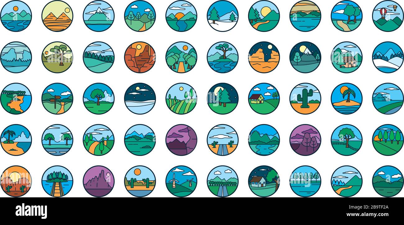 Landscapes line and fill style icon set design, nature earth eco ...