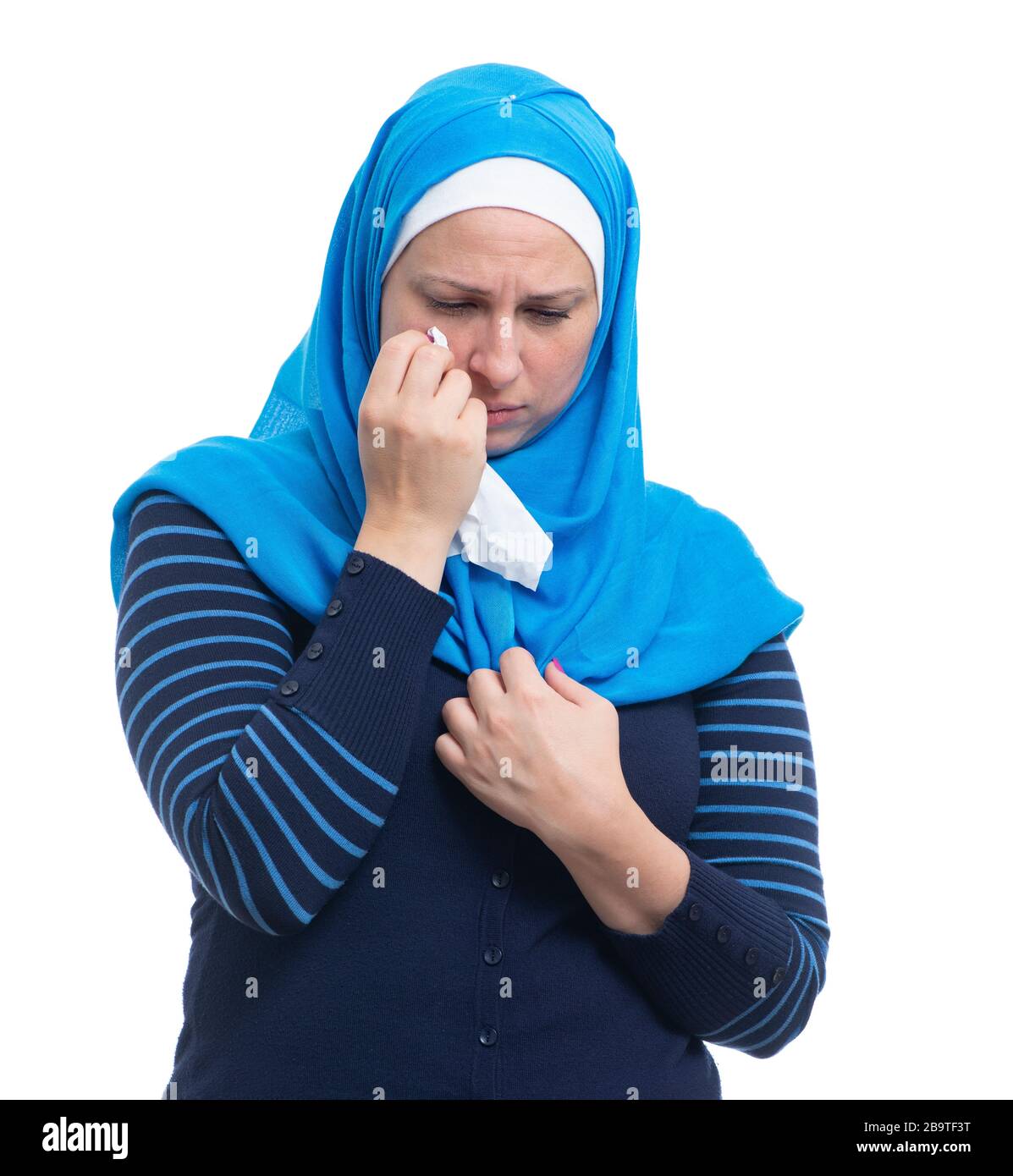 Sad stressed arab woman mourning crying alone isolated on white ...