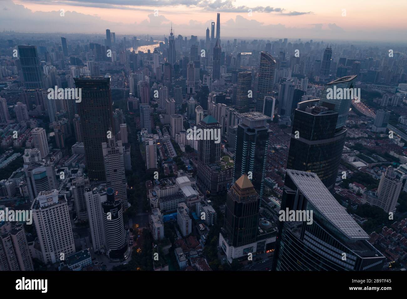 Aerial view of business area and cityscape in the dawn, West Nanjing ...