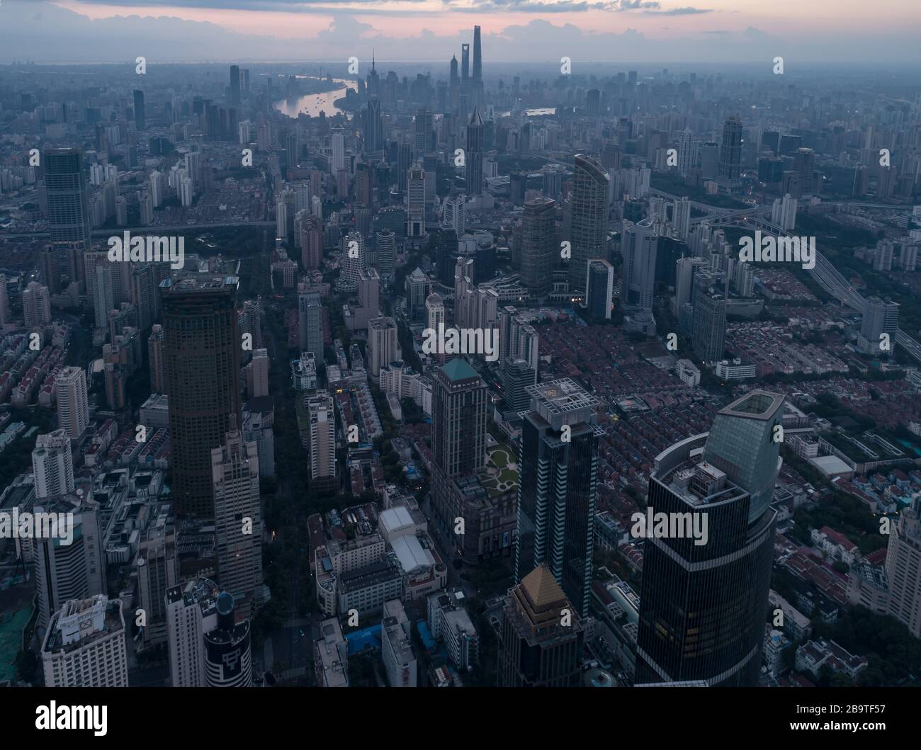 Aerial view of business area and cityscape in the dawn, West Nanjing ...