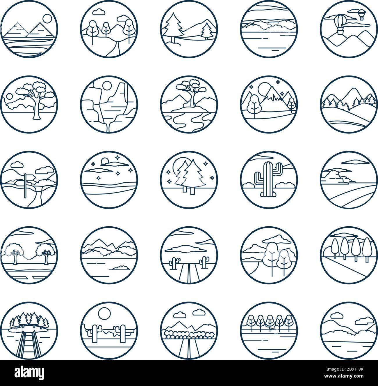 Landscapes line style icon set design, nature earth eco ecology ...