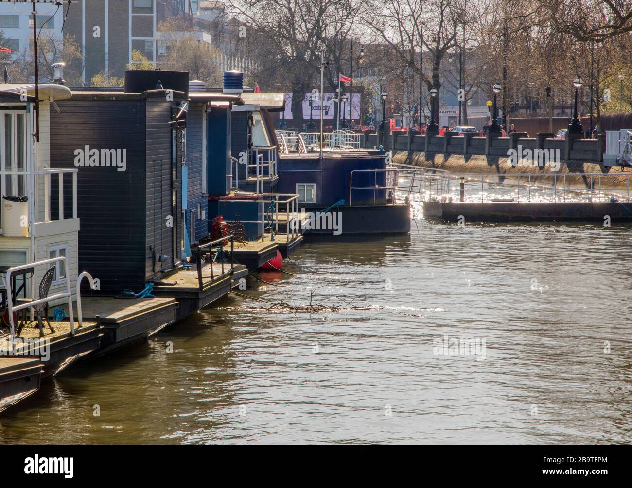 Houseboats moored on Cheyne Wharf, on the River Thames by Chelsea ...