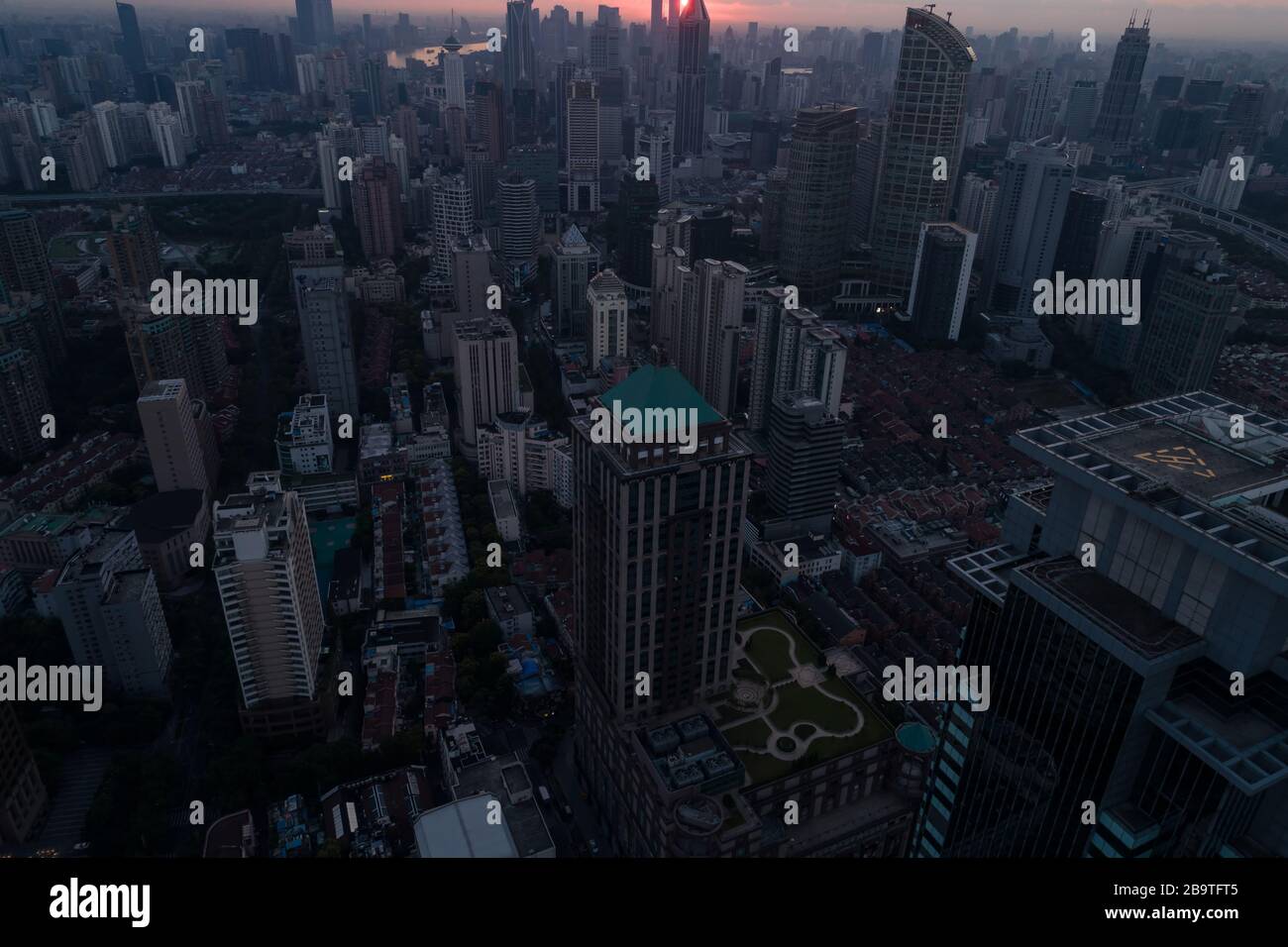 Aerial view of business area and cityscape in the dawn, West Nanjing ...