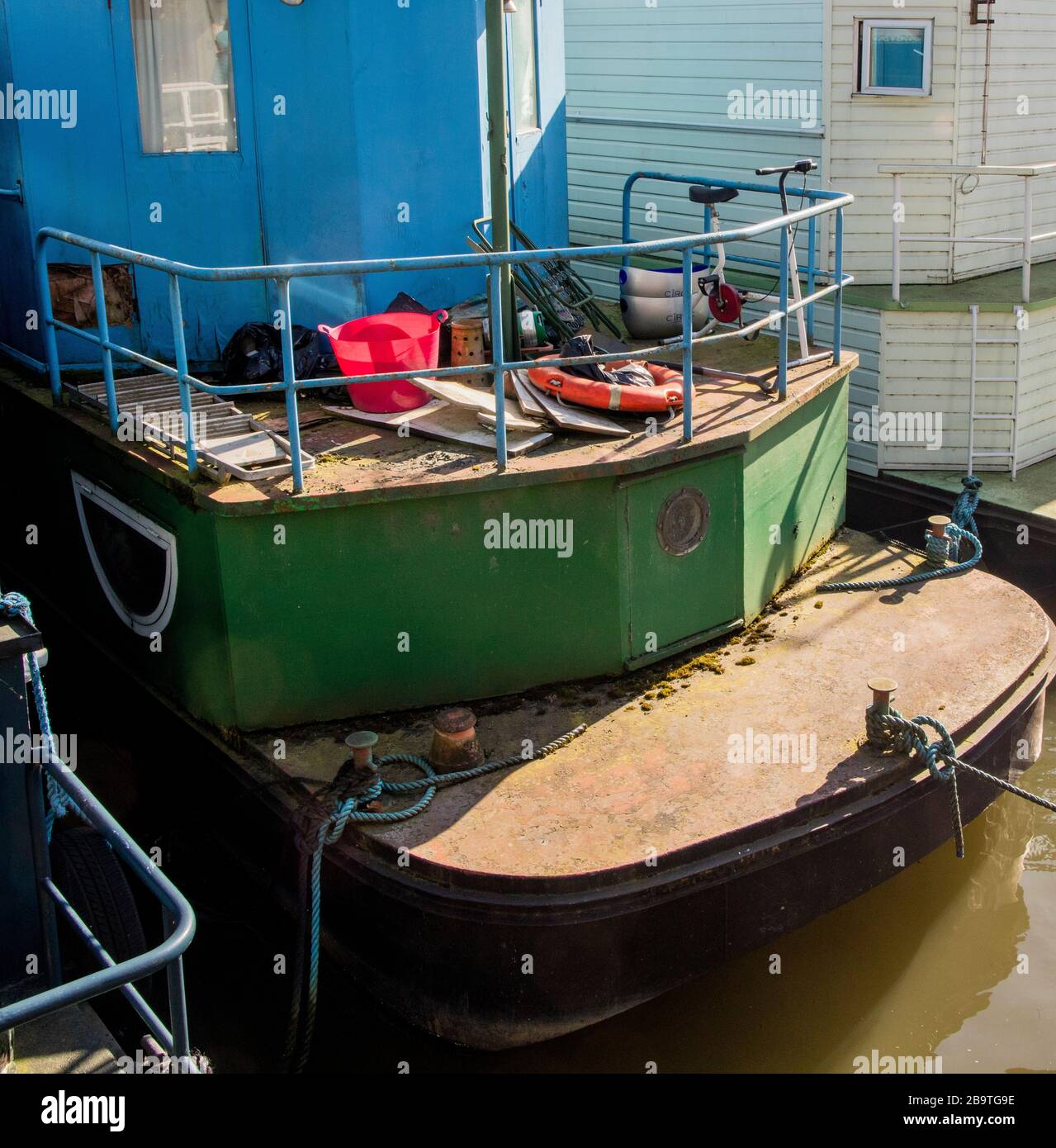 Houseboats moored on Cheyne Wharf, on the River Thames by Chelsea ...