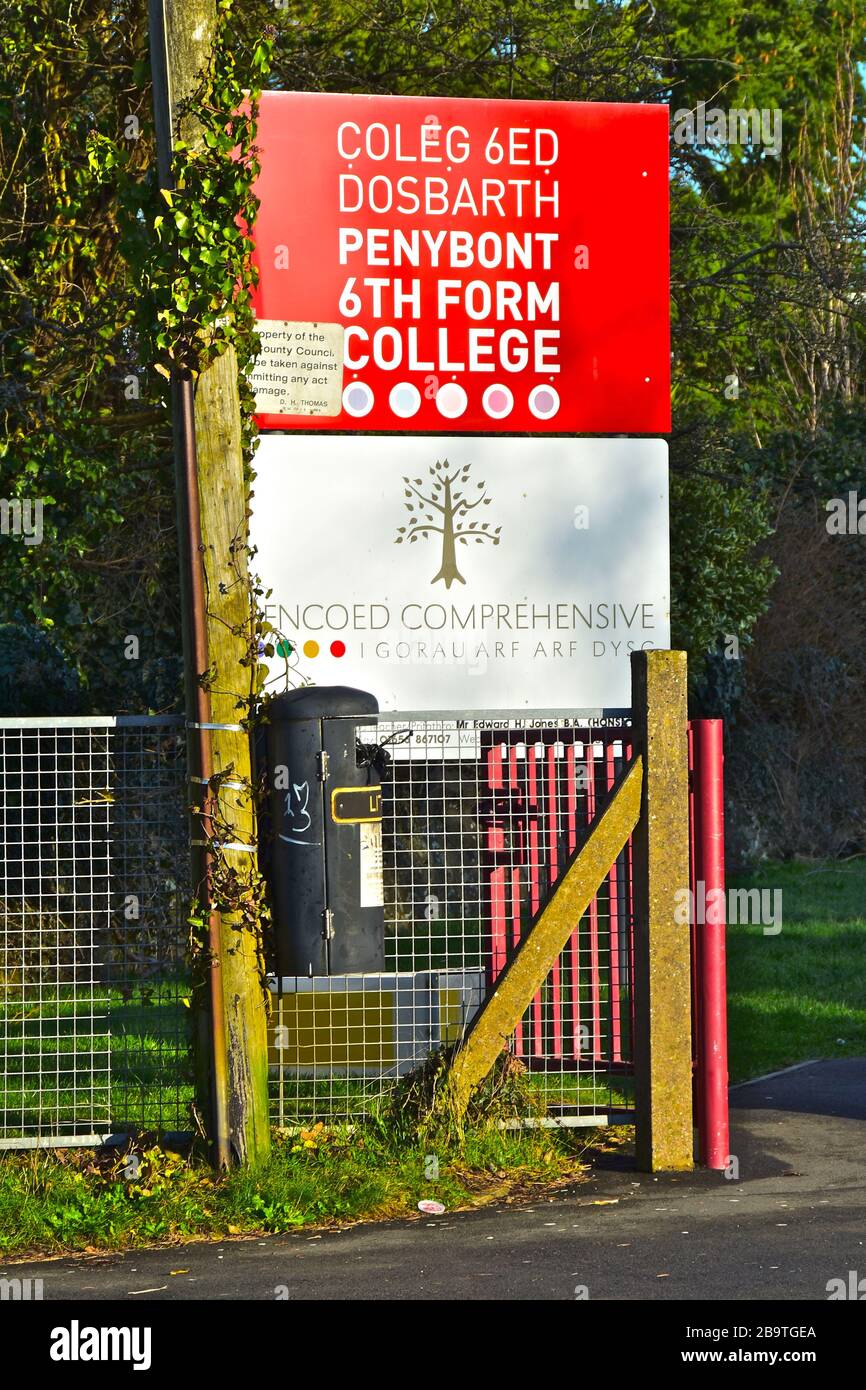 The Sign at the main entrance to Pencoed Comprehensive School and ...